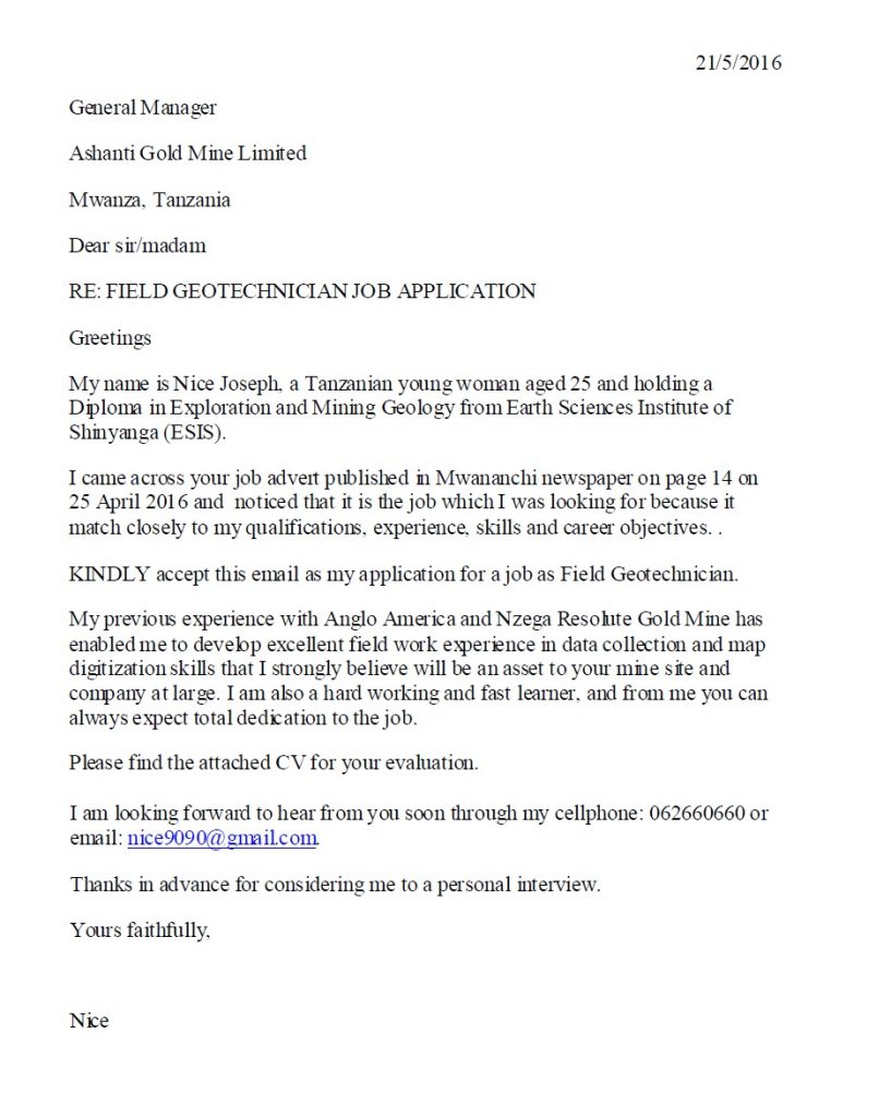 Example of Job Application Letter for a Geotechnician/Geologist | Elimu ...